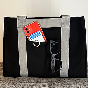 Premium Canvas Tote Bag (16Wx12H x7D) Pancake Mini Folds Flat, Slip-in Pockets, Removable Base, Anti-Theft Pocket