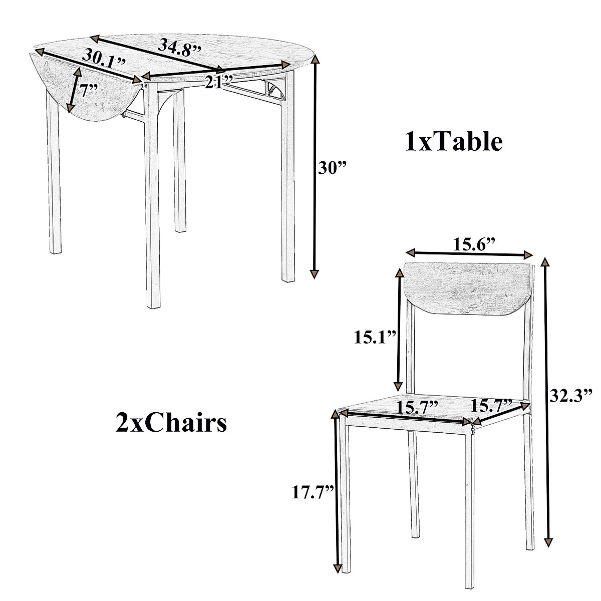 3 Piece Dining Table Set, Modern Counter Height Dining Table Set with Drop Leaf Round Table and 2 Chairs, Small Kitchen Table Set
