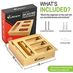 Bamboo ziplock bag storage organizer for kitchen drawer, plastic bag holder, kitchen drawer organizer, drawer oganizer, compatible with veriety of bags as snack, sandwich, gallon,quart size bags