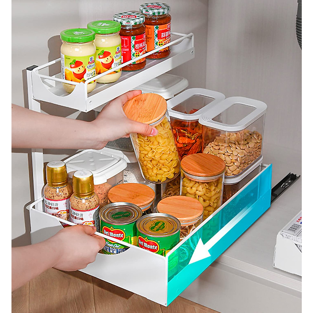 KINGPOUL Under Sink Organizers-2-Tier L-Shape Heavy Duty Metal Smooth Slide Out Pull Out Drawers for Under Cabinet Storage Around Plumbing, Under Kitchen Bathroom Sink Organizers and Storage（White