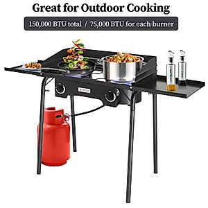 ROVSUN 2 Burner Outdoor Camping Stove with Wind Panel & Shelves, Heavy Sturdy Propane Burner, Gas Cooker with Detachable Legs & CSA Regulator & Carrying Bag for Home Camp Paito Cooking Frying Canning