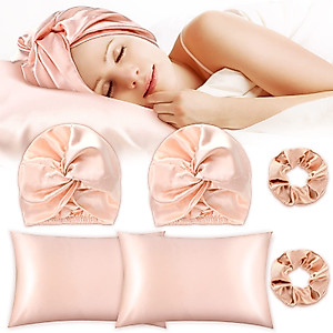 6 Pieces Silk Cap Silk Pillowcase Set, Silk Sleeping Bonnet Silk Hair Wrap Silk Pillow Cases Silk Hair Scrunchies Silk Hair Ties Elastic Silk Ponytail Holders for Women Girls (Rose Gold, Pink)