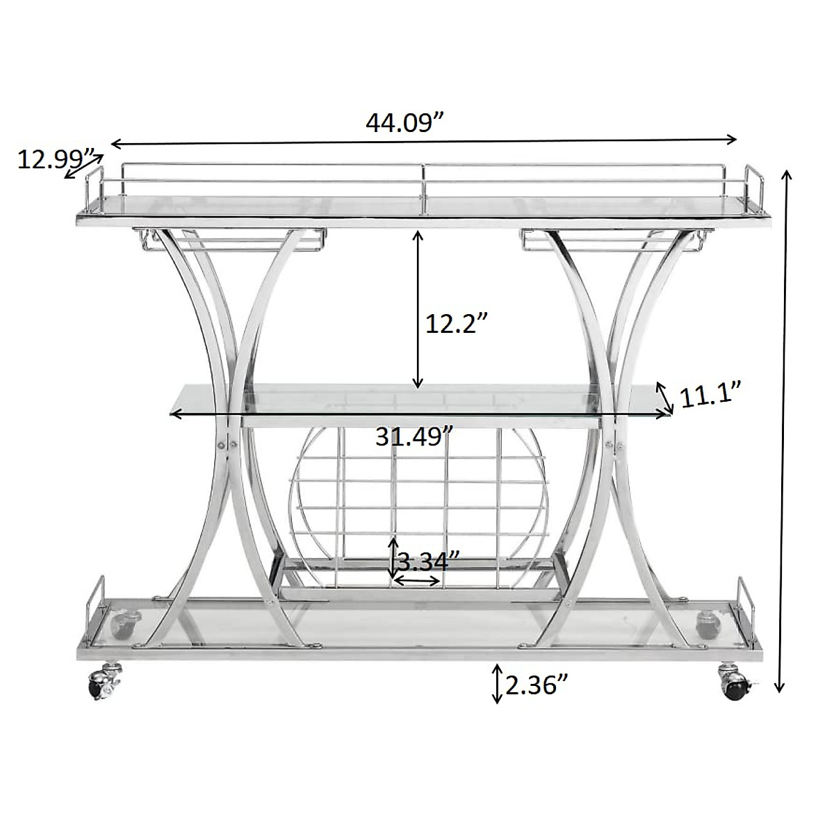RARZOE Bar Serving Cart with Glass Holder&Wine Rack, Mobile Kitchen Serving Cart Wine Cart, 3-Tier Kitchen Trolley with Tempered Glass Shelves&Sliver-Finished Metal Frame for Home Dining Room(Silver)