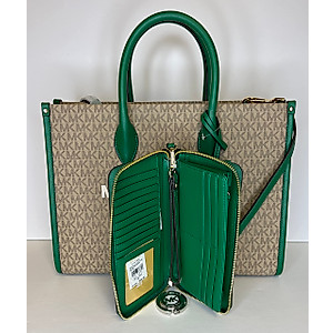 Michael Kors Mirella MD EW Logo Tote Bag bundled with Large Continental Wallet and Purse Hook (Palmetto Green)