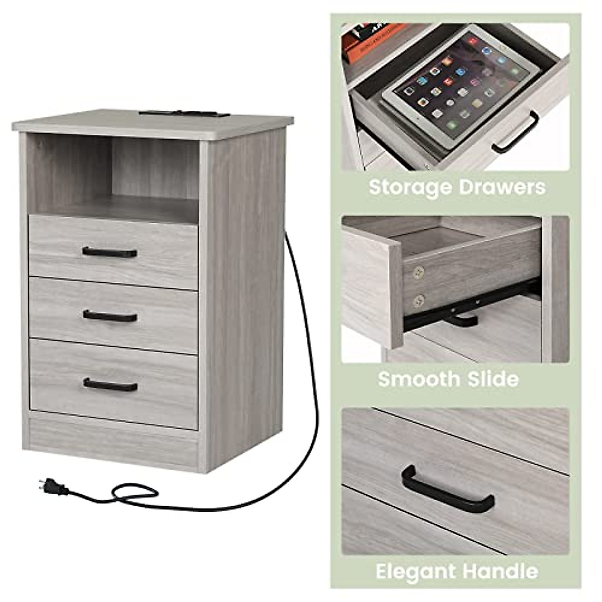 Tiptiper Nightstand Set of 2 with Charging Station,Grey Night Stands for Bedroom,Bedside Table with Drawers & USB Ports, 13.8D x 15.8W x 23.6H in