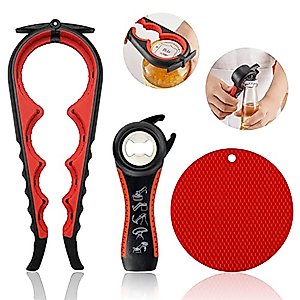 Jar Opener for Weak Hands, Easy Twist Jar Opener For Seniors with Arthritis, 5 in 1 Multi Function Bottle Opener Lid Opener For Arthritic Hands with Non Slip Rubber Jar Gripper Pad(3-piece set, Red)