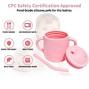 Adocham 100% Silicone Baby Cup With Straw & 2 Handles,Food Grade Toddler Infant Sippy Training Cups Spill Proof,BPA-Free,6 Months+,5oz (Pink)