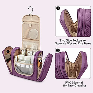 BAGSMART Travel Toiletry Bag for Women, Hanging Toiletry Bag with Hook, Travel Cosmetic Makeup Bag Travel Organizer for Accessories, Shampoo, Full Sized Container, Toiletries,Purple-Medium
