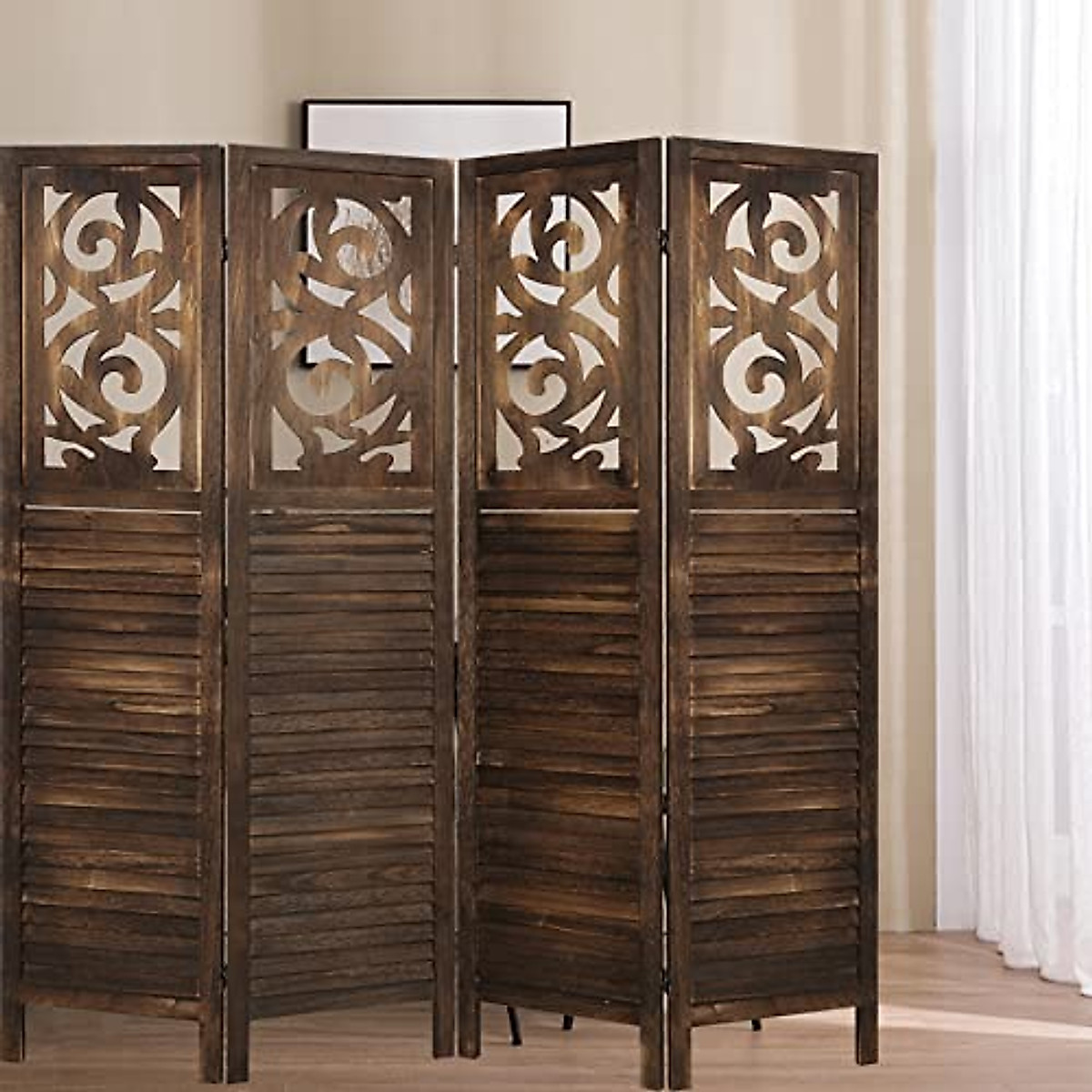 ECOMEX Cutout Room Divider,4 Panel Freestanding Room Divider Screen,Folding Privacy Wall for Bedroom Bathroom Dinning Room Office The Study (Wood,Brown)