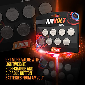 AmVolt- Pack of 8 CR2025 Batteries, 220mAh 3 Volt Lithium Battery, Long Lasting Coin Cell 2030 Batteries for Small Electronic Devices