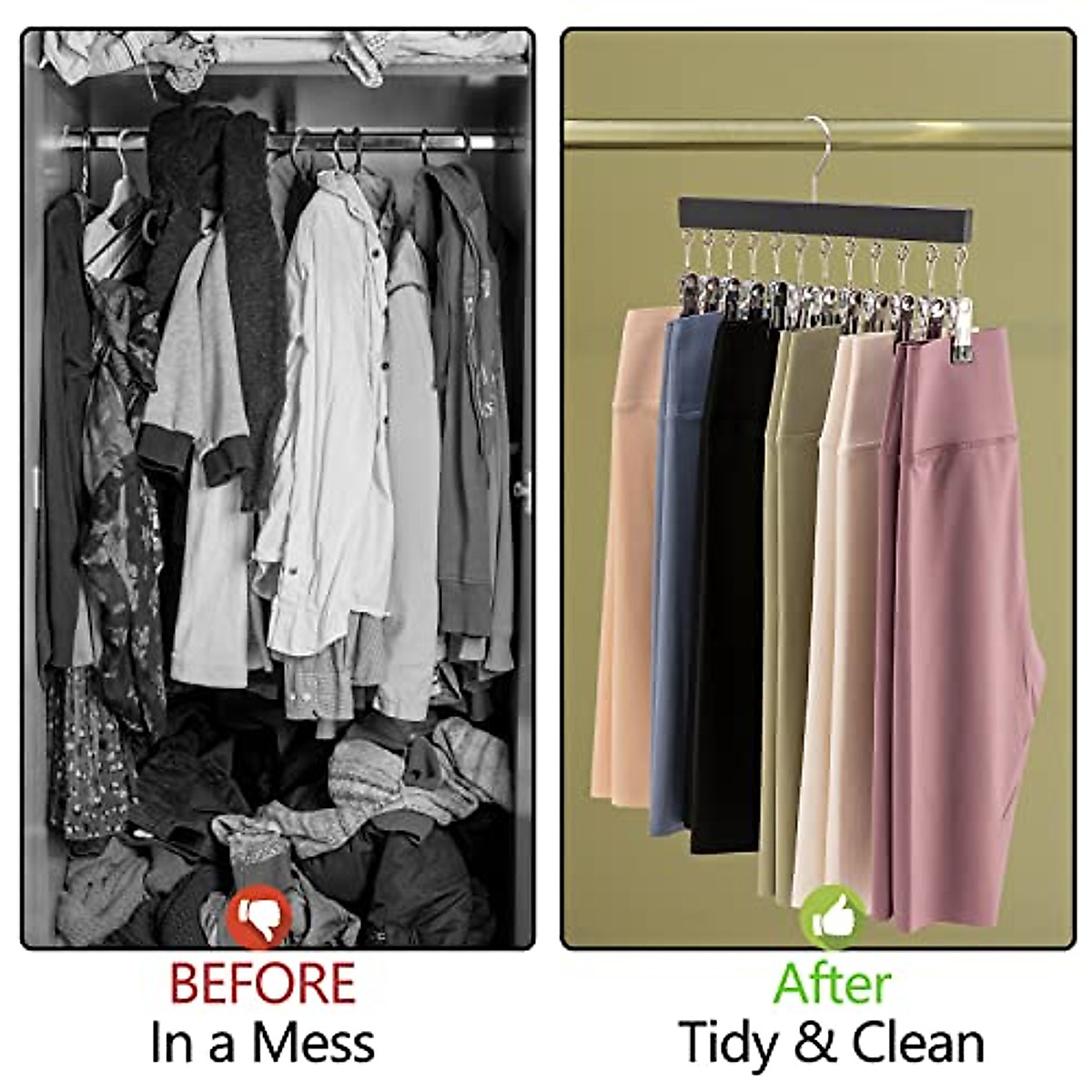 CINPIUK Legging Organizer for Closet, Wooden Hangers with Clips Holds 12 Leggings/Yoga Pants/Jeans/Skirts, Hanging Pants Hangers w/Rubber Coated Clips Space Saving Closet Organizer, Black