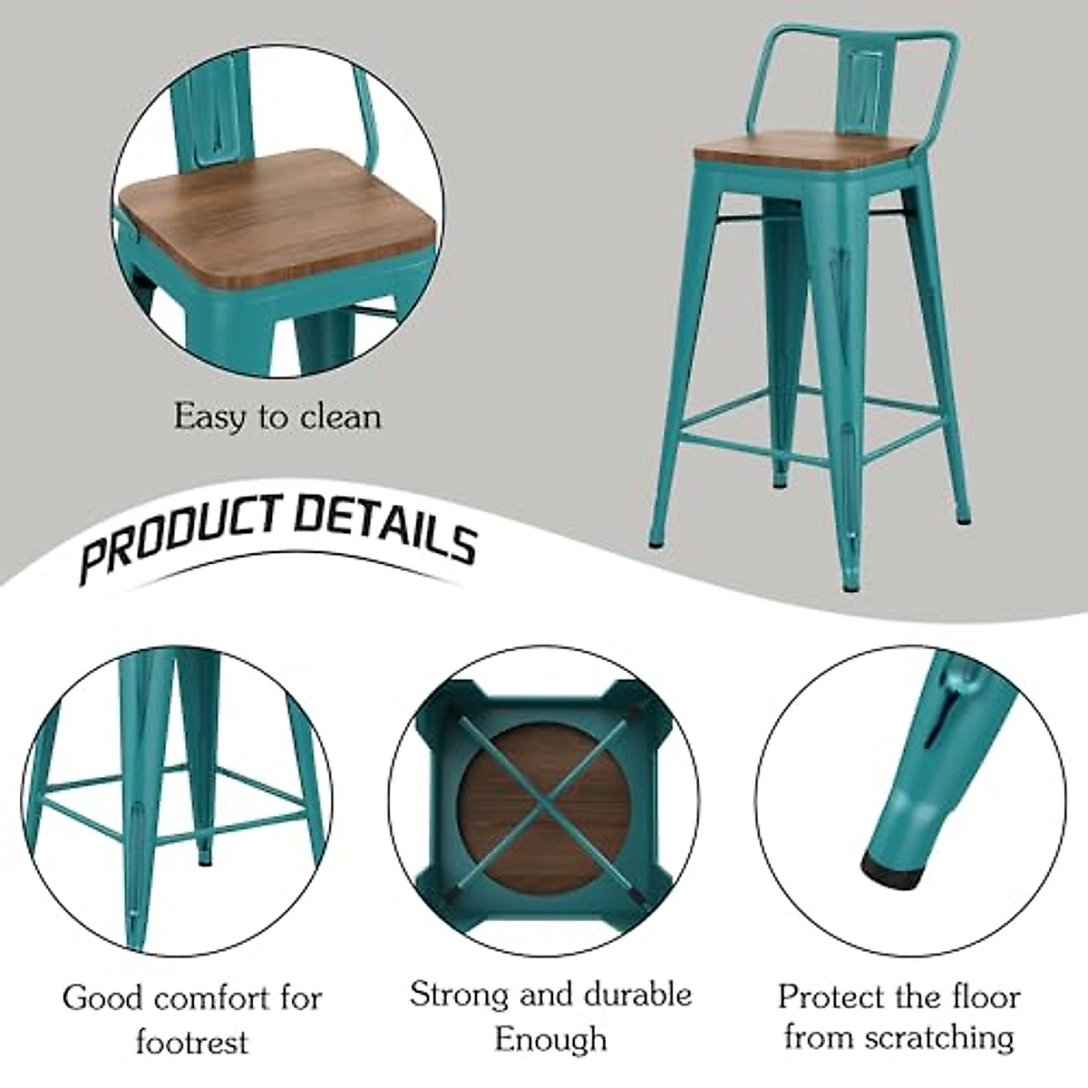 Alunaune 26" Metal Bar Stools Set of 4 Industrial Counter Height Barstools Kitchen Counter Stool Modern Wood Seat-Distressed Teal