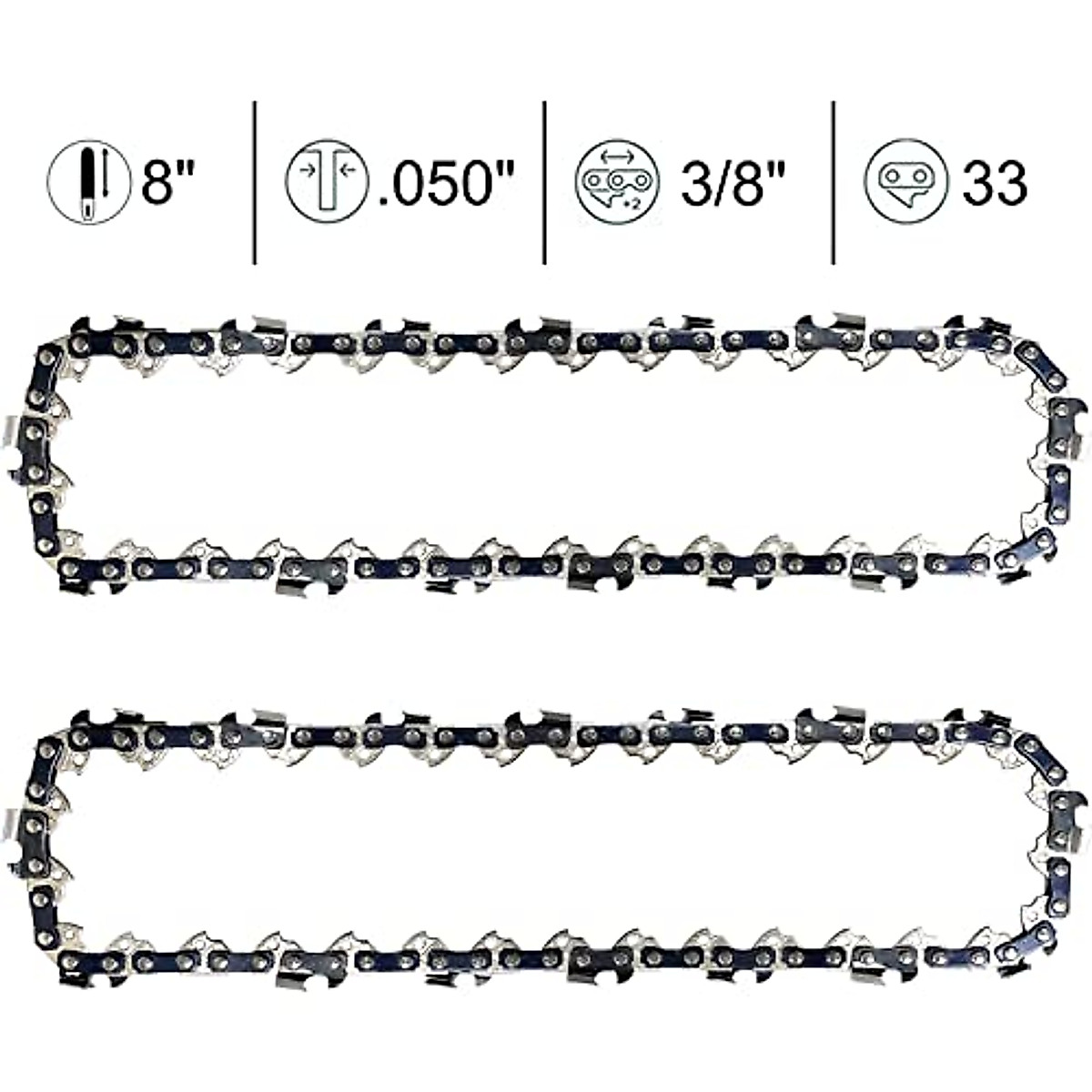 Opuladuo 2PC 8" Pole Saw Chain Replacement for 9.5 in. Harbor Freight Portland 62896 68862 63190 56808-3/8" .050" 33DL