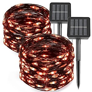 kemooie 2 Pack 100 LED Orange Solar Halloween Lights, 8 Twinkle Modes Waterproof Upgraded Solar Powered Fairy Lights, for Outdoor Garden Patio Christmas Halloween Decorations (Orange)