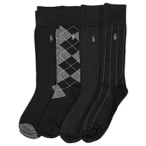 Polo Ralph Lauren Assorted Pattern Dress Crew Socks-4 Pair Pack-Soft and Lightweight Cotton Comfort, Black, Men's Shoe Size: 6-12.5
