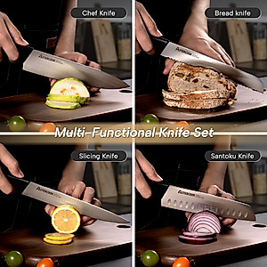 Astercook Knife Set with Built-in Sharpener Block, Dishwasher Safe Kitchen Knife Set with Block, 14 Pcs High Carbon Stainless Steel Block Knife Set with Self Sharpening and 6 Steak Knives, Black