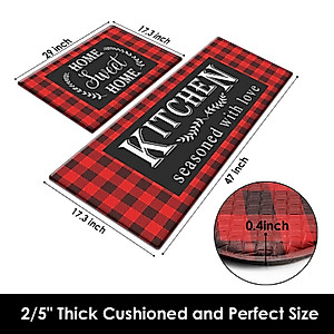 Arttown Anti-Fatigue Kitchen Rug Set of 2 Black Red Buffalo Plaid Cushioned Floor Mat, Standing Waterproof Non-Slip Mat and PVC Ergonomic Comfort Foam Rug for Kitchen