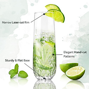 SHOSHIN Stemless Champagne Flutes, Hand Made, Set of 4, Toasting champagne glasses, Wedding Party Cocktail Cups, Wine Flute, Mimosa Glasses Set, Water Glasses, Highball Glass, 9.5oz