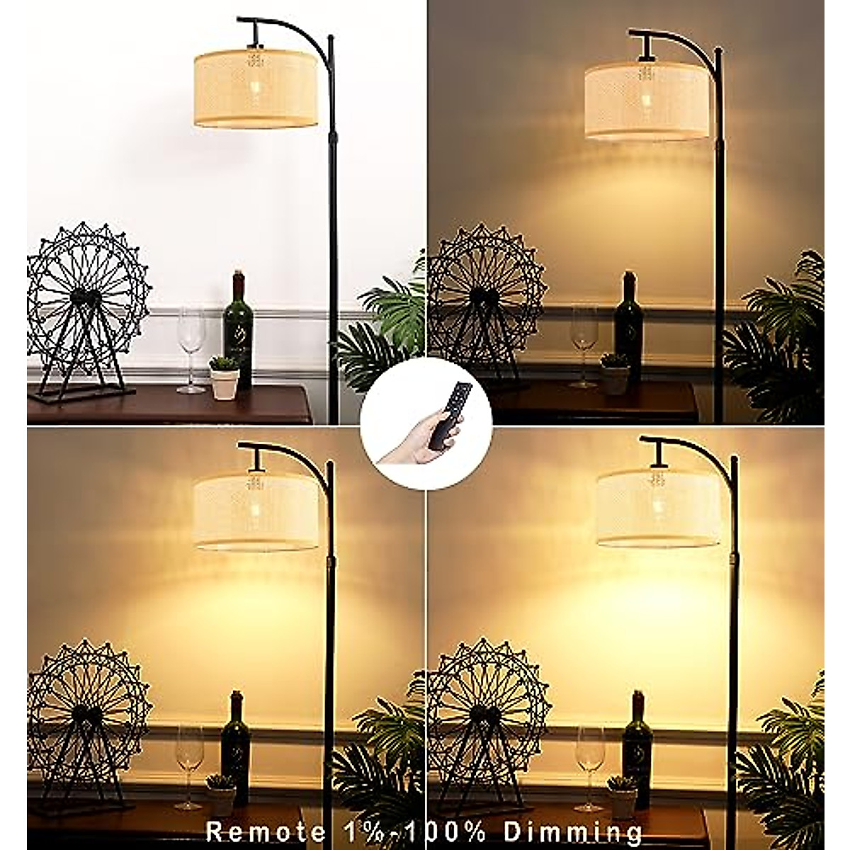 QIYIZM Floor Lamp with Remote Arc Boho Rattan Standing Lamp,Farmhouse Dimmable Industrial Black Wicker Floor Light Rustic Adjustable Tall Lamp,Bamboo Lamp Shade Floor Lamps for Living Room Bedroom
