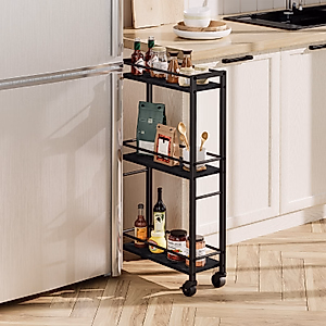 MAHANCRIS Slim Rolling Cart, Mobile Kitchen Cart on Wheels, Narrow Storage Cart for Small Space, Wooden Service Cart, for Bathroom, Laundry, Living Room, Black RCHB1501