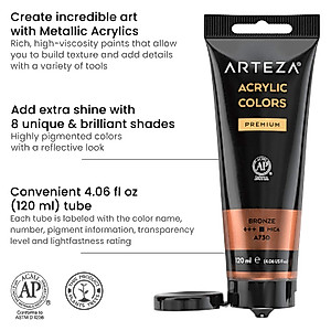 ARTEZA Metallic Acrylic Paint, 8 Metallic Colors in 4.06 ounce Tubes, Non Toxic Artist Paints for Hobby Painters, Art Supplies for Canvas Painting