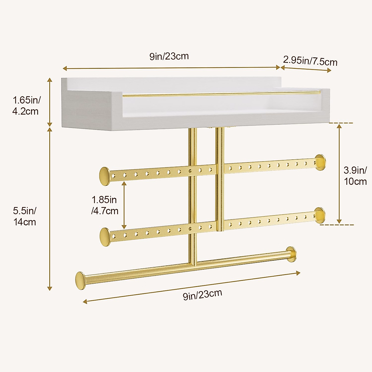Josmimic Adhesive Wall Jewelry Organizer: 9" Holder for Hanging Necklace, Earring, Bracelet, Gold and White