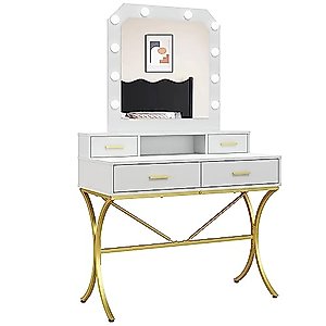 Vanity Table with Lighted Mirror, Modern Makeup Vanity Table with 10 Lights Makeup Desk 4 Drawer Storage Dressing Table for Bedroom (White)