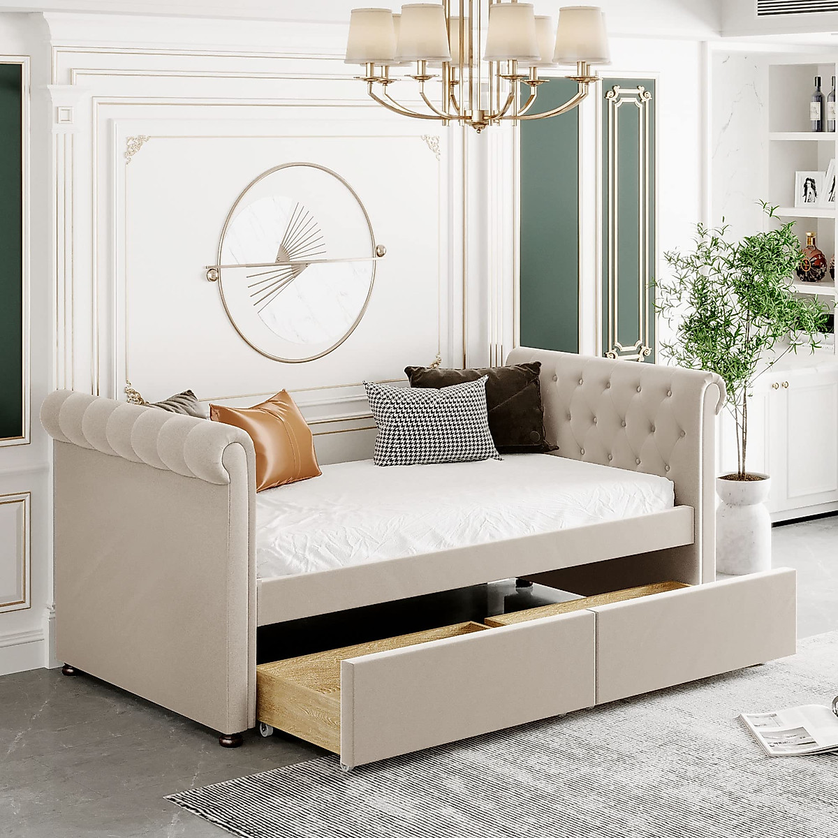 Jintop Twin Size Velvet Upholstered Daybed with Trundle and Two Armrests,Storage Wonden Bed Frame,W/Drawer,Wood Slat Support,for Apartment,Bedroom,Living Room,No Box Spring Needed,Beige