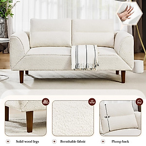 Antetek Loveseat Sofa with Adjustable Armrests, 64” Modern Futon Sleeper Sofa Bed w/Wooden Leg, Textured Boucle Comfy Love Seat Couches for Small Space, Livingroom, Apartment, Beige