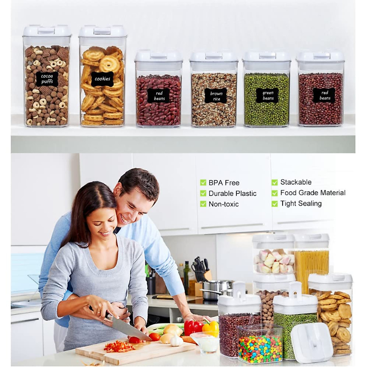 Airtight Food Storage Containers Set with Lids 5 Units Sets for Kitchen Pantry Organization and Storage, Leak-Proof Stackable Canister, include Measuring Spoon & Labels (White, 5)