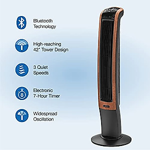 Lasko Wind Curve Electric Oscillating Tower Fan with Bluetooth Technology for Indoor, Bedroom and Home Office Use, 42", Woodgrain T42905