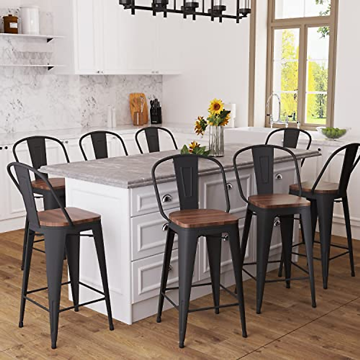 Aklaus Metal Bar Stools Set of 4,24 inch Barstools Counter Height Bar Stools with Backs Farmhouse Bar Stools with Larger seat High Back Kitchen Dining Chairs Modern Bar Chairs Matte Black Stool