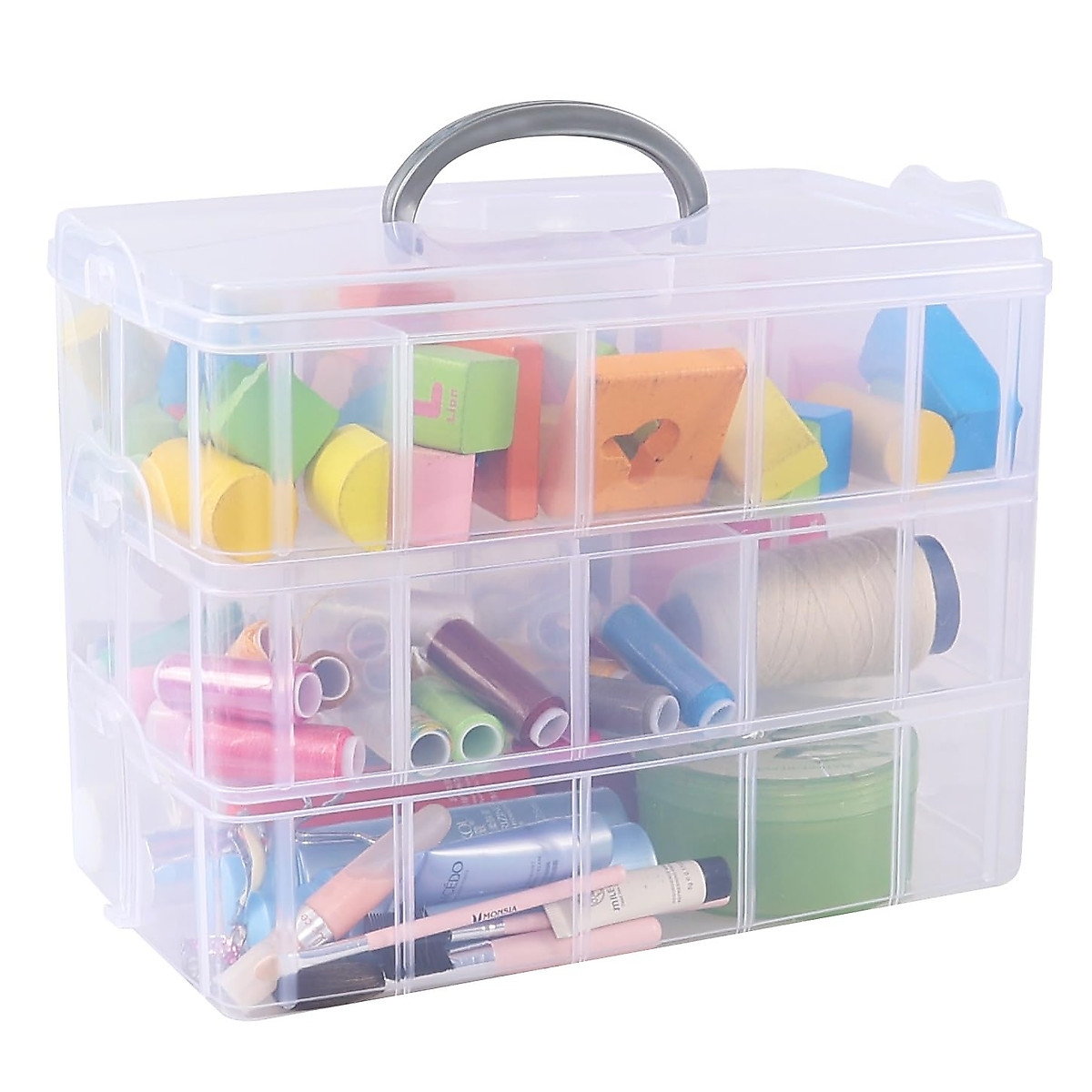 Taysisiter Plastic Stackable Storage Container Box with 30 Adjustable Compartments, 3 Tiers Clear Stackable Craft Organizers with Dividers and Handle for Arts and Crafts, Toy, Fuse Beads, Washi Tapes