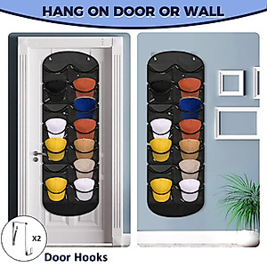 Owkjar 14 Pockets Hat Organizer for Closet, Hat Racks for Baseball Caps, Hat Storage with Clear Deep Pockets, 4 Hooks, Hat Rack Over The Door/Wall for Baseball, Golf, and Sports Caps
