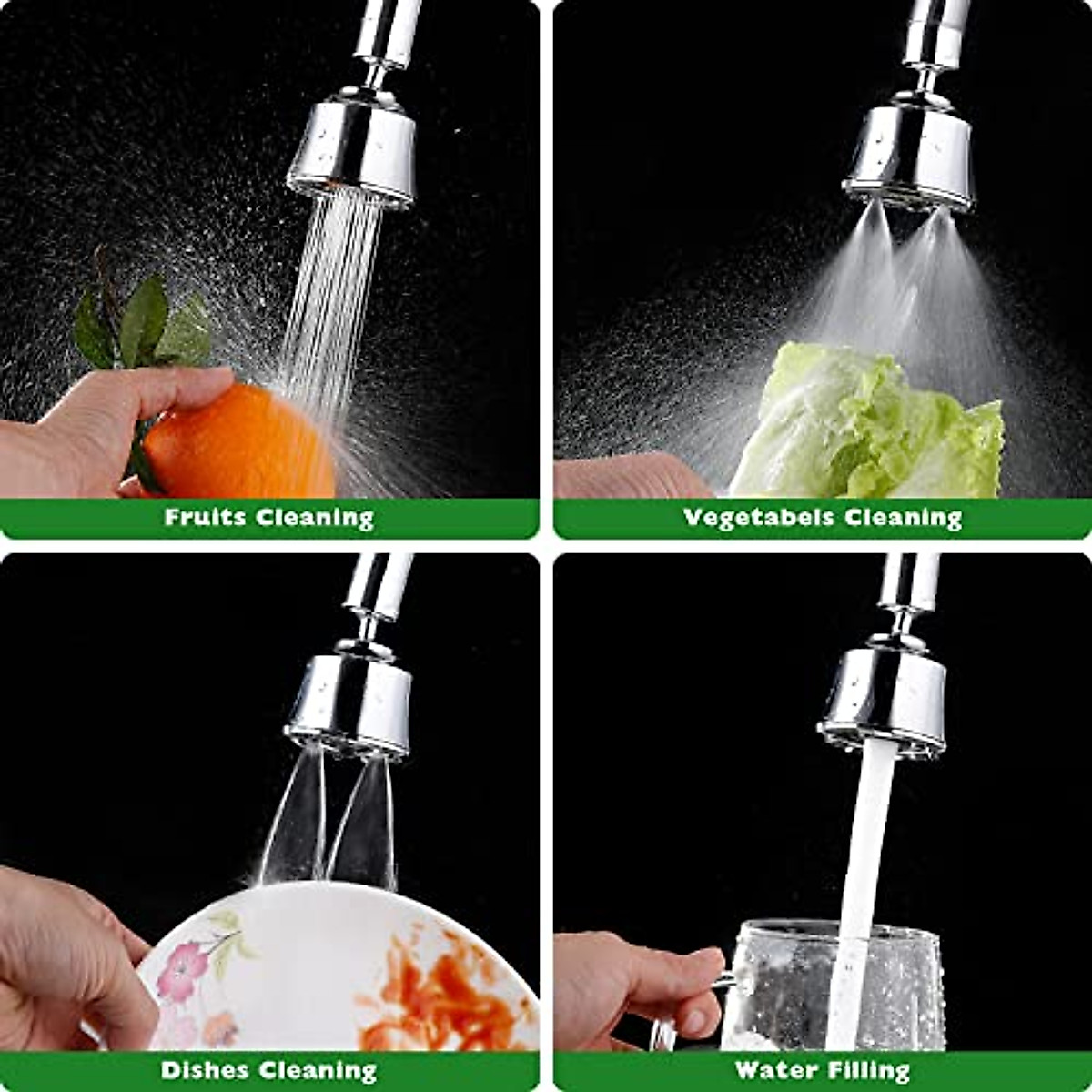 Houtingmaan Kitchen Sink Faucet Aerator with 2 Ball Joint, Big Angle Swivel Faucet Head Replacement with 4 Spray Models, 55/64-27UNS Famale Thread - Chrome