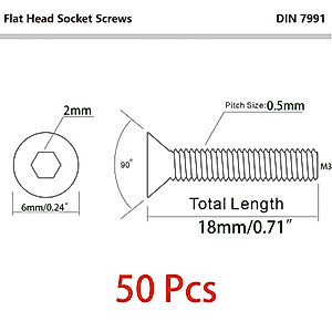50 Pcs M3-0.5 x 18mm Flat Head Socket Cap Screws Bolts, Stainless Steel 18-8 (304), Bright Finish, Allen Socket Drive,Machine Screws Inner Hex Screw Fasteners Bolts