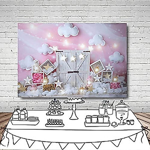 MEHOFOND Sweet Pink and White Cloud Photo Studio Backdrop Props Birthday Girl Baby Shower Party Decorations Twinkle Twinkle Little Stars Portrait Photography Background Banner for Cake Smash 7x5ft