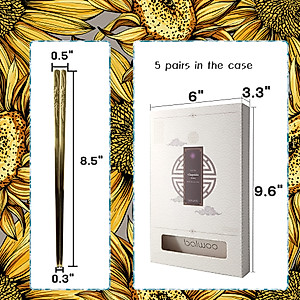 BALWOO Korean Flat Chopsticks [5 Sets][Made in Korea] 304 Premium Stainless Steel Chopsticks, Korean Style Reusable Chopsticks Flatware Cutlery Silverware Metal Chopsticks (Sunflower, TITANIUM)