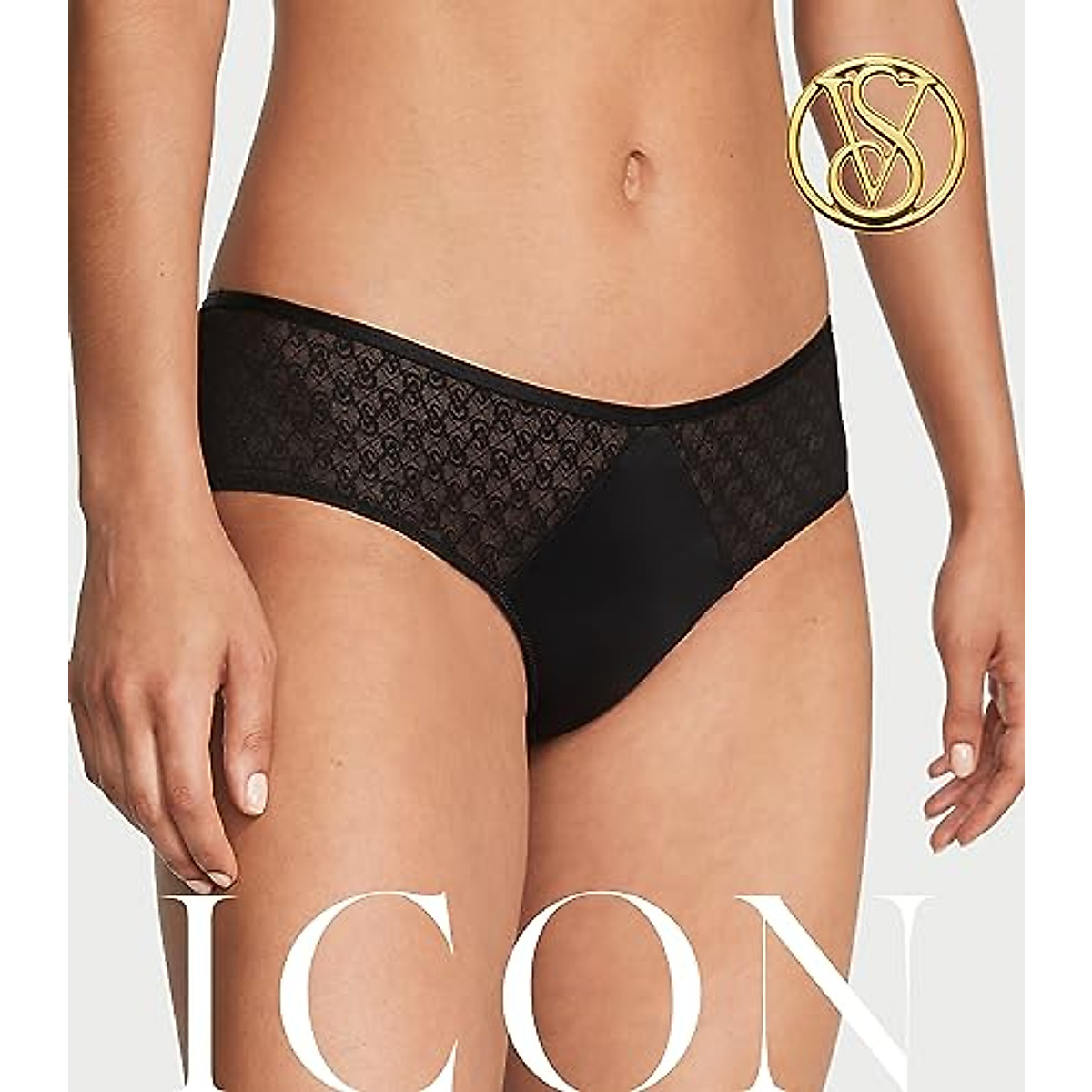 Victoria's Secret Icon T-Back Cheeky Panty, VS Monogram Lace, Hiphugger Underwear for Women, Very Sexy Collection, Black (M)