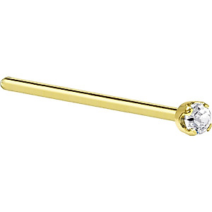 Body Candy Solid 14k Yellow Gold 2mm Clear Cubic Zirconia Straight Fishtail Nose Stud Ring 18 Gauge 17mm