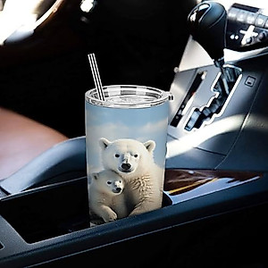 FHENMSA Stainless Steel Insulated Travel Coffee Mug,Cute Polar Bear Print Reusable Car Cup,Thermal Cup for Outdoor with Straw And Lid