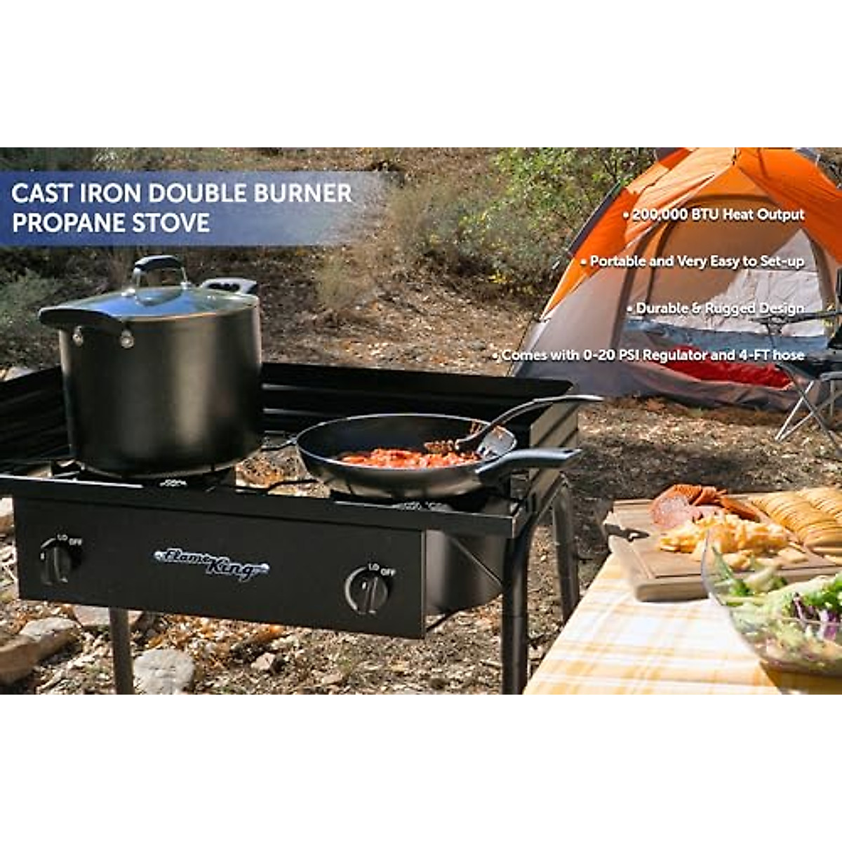 Flame King 200,000 BTU Propane Burner Gas Stove Heavy Duty Turkey Fryer/Camp Cooker, Portable with Stand Great for Outdoor Cooking, Home Brewing & Canning