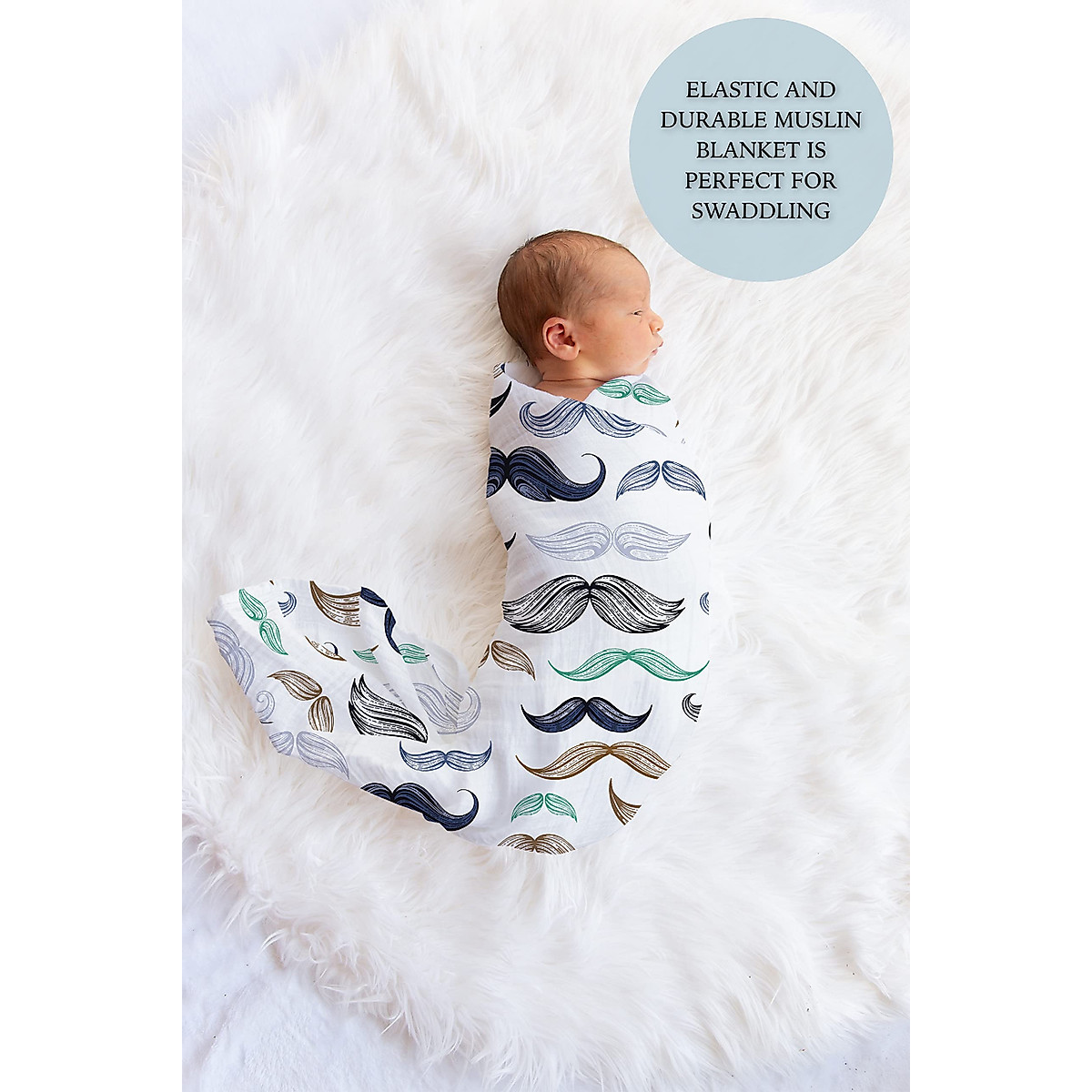 Noisy Mouse 47" x 47" Muslin Swaddle Blanket. 70% Bamboo, 30% Cotton. Little Man Mustache Pattern…