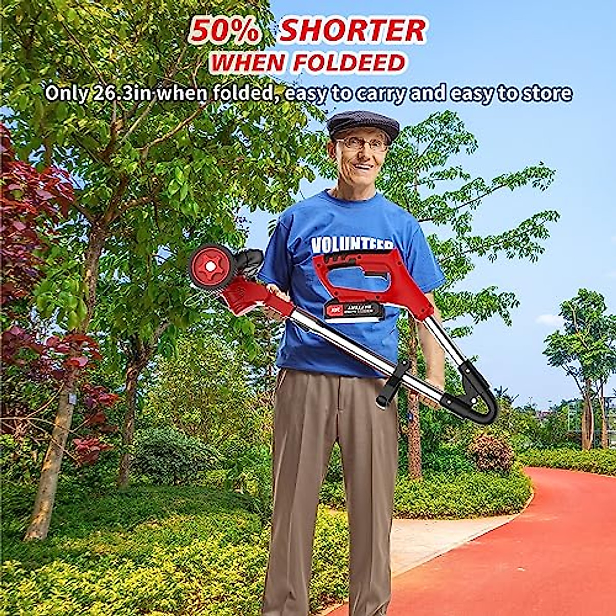 Electric Weed Eater Cordless Weed Wacker Battery Powered, Lightweight Foldable Brush Cutter Grass Trimmer Lawn Edger with 2 2Ah Battery Operated, Wheeled No String Weed Whacker for Garden Yard