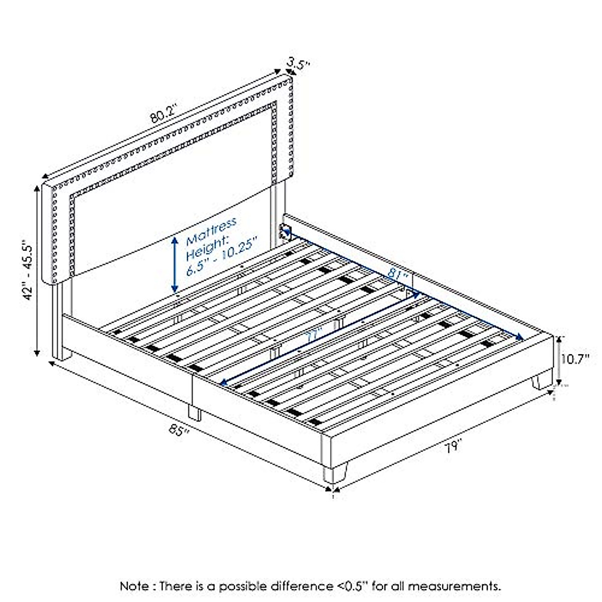 Furinno Laval Double Row Nail Head Upholstered Platform Bed Frame, King, Stone