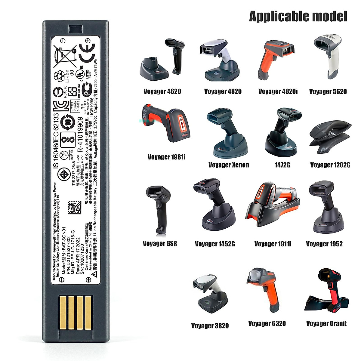 Barcode Scanning Collector Battery for Honeywell 1202g 1902 1902GHD 3820 3820i 4620 4820 4820i 5620 6320 BAT-SCN01 Granit 1911i Voyager 1202 Part NO 013283 100000495 50121527-002 HO48L1-G S-L-0526-E