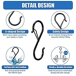 Abnaok S Hooks for Hanging, Heavy Duty Safety Buckle Design Metal Black S Hooks for Hanging Kitchenware, Pots, Pans, Plants, Clothes, Cups, Towels in Kitchen, Bathroom, Closet, Garden (20)