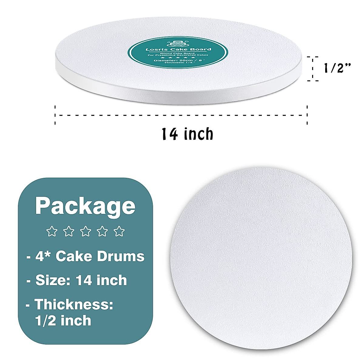 White Cake Drums Round 14 Inch Cake Boards with 1/2-Inch Thick Smooth Edges for Multi Tiered Birthday Wedding Party Cakes Drum Board