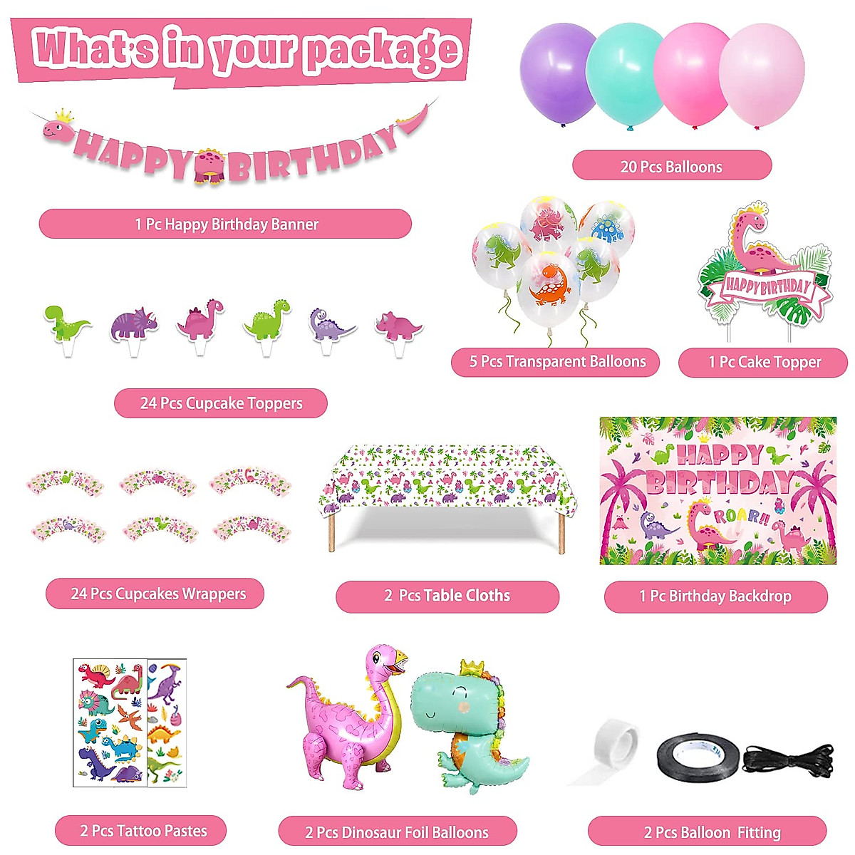 Mpanwen Girl Dinosaur Birthday Party Supplies, Pink Dinosaur Dino Party Decorations for Girls Baby - Backdrop, Banner, Cake, Cupcake Toppers, Cupcakes Wrappers, Balloons and Tablecloth