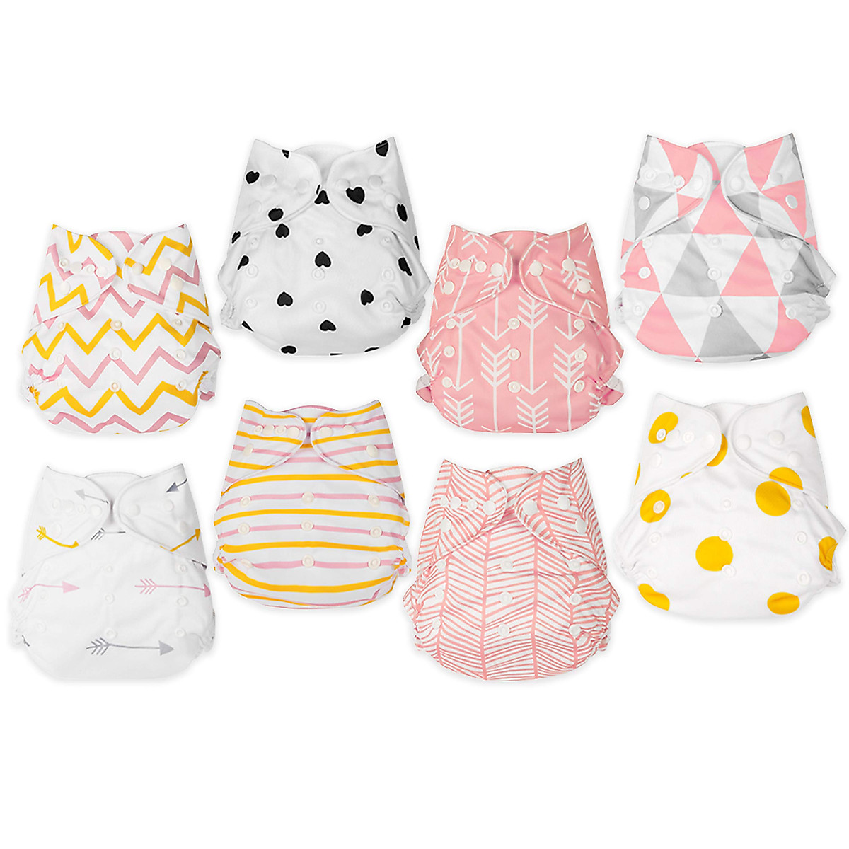 BaeBae Goods Newborn Cloth Diapers – 8 Reusable Cloth Diapers for Babies with 8 Cloth Diaper Inserts – Extra Leg Lining to Avoid Leakage - Waterproof Outside Soft Inside – Adjustable Size for Girls